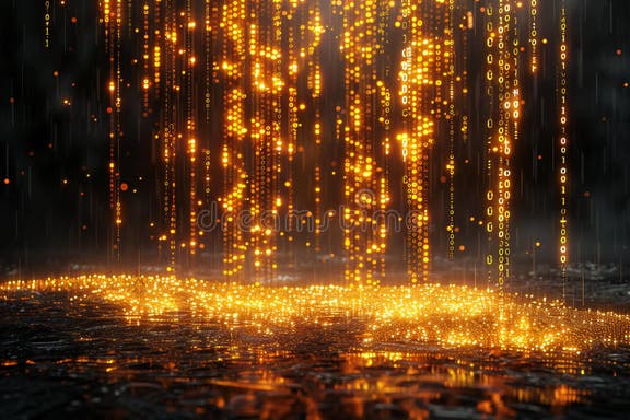 A Digital Art Piece Featuring an Array of Golden Binary Code Cascading Down on a Black ...
