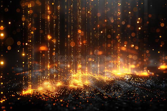 A Digital Art Piece Featuring an Array of Golden Binary Code Cascading Down on a Black ...