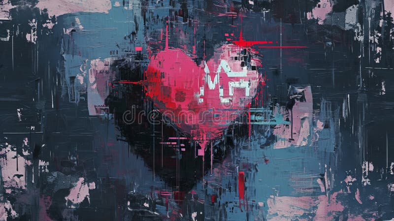 A Digital Art Piece Featuring a Pixelated Heart in Red and Blue Glitch ...