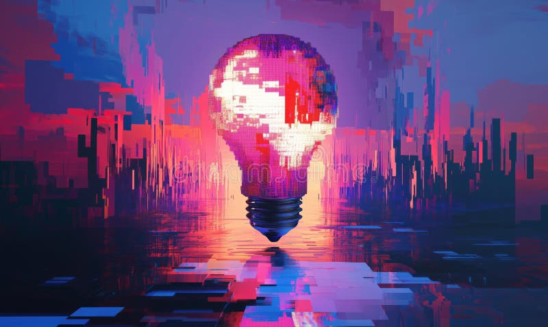 Digital Art of a Pixelated Light Bulb Glowing in Vibrant Colors Over a ...