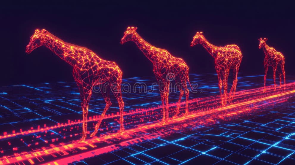 Digital Art of Red Giraffes Walking on Blue Grid Pattern Background ...