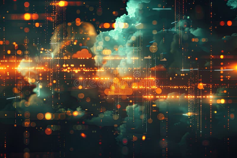A Digital Art Rendering Of Cloud Computing With Glowing Elements Representing Data Processing
