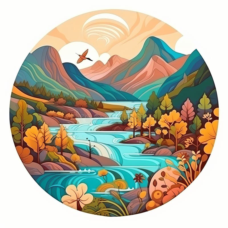 A Round Landscape Painting Featuring a River and Mountains Stock Image ...