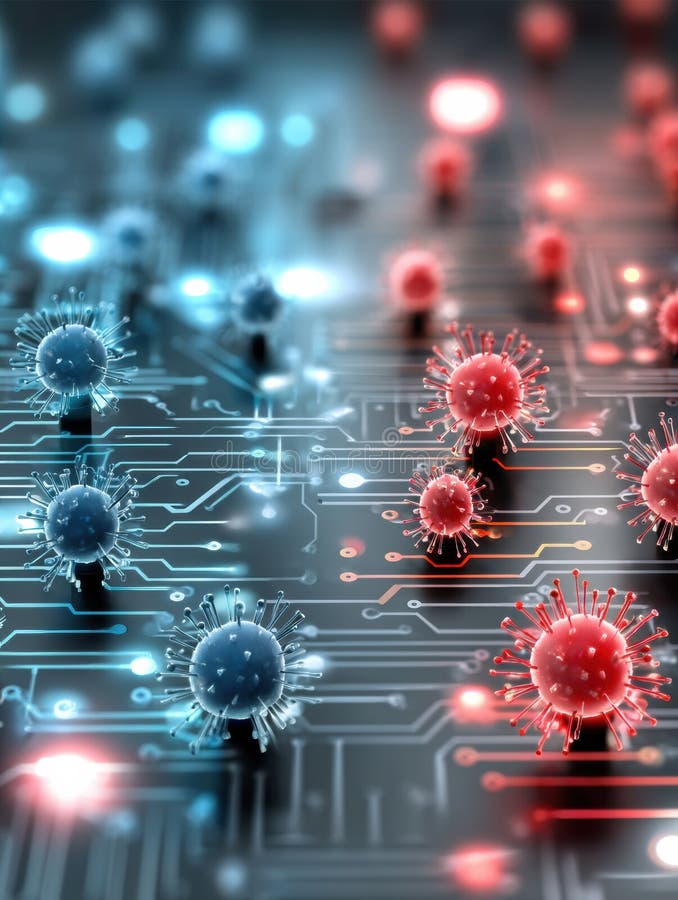 Conceptual Representation of Cyber Attacks with Virus Particles on a Circuit Board Showcasing ...