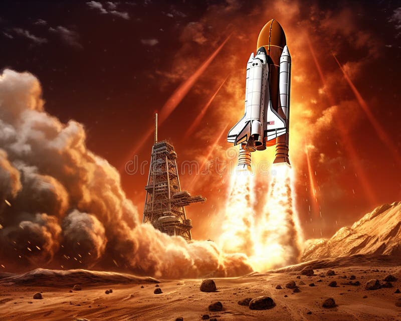 Digital Art of a Space Shuttle Rocket Landing on Mars. Stock ...