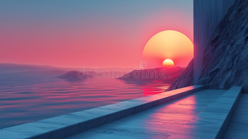 Digital Art of a Surreal Sunset by the Seaside Stock Illustration ...