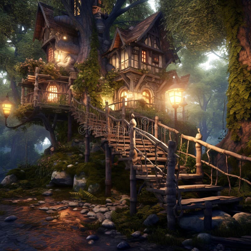 Digital Art of a Treehouse at Night Stock Illustration - Illustration ...