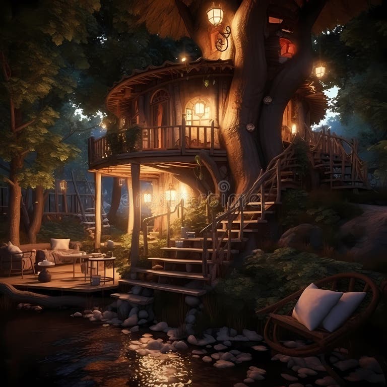 Digital Art of a Treehouse at Night Stock Illustration - Illustration ...