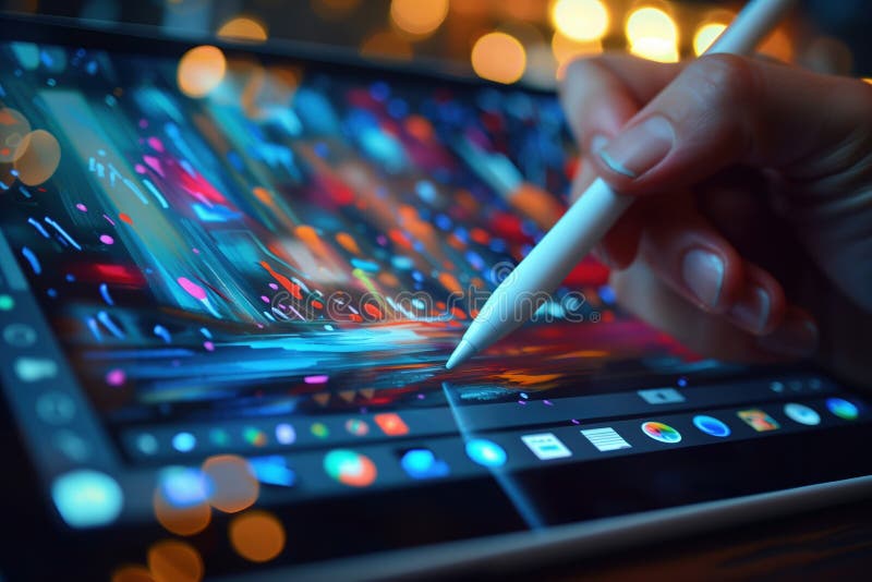 Digital Artist Creating on Tablet at Night Stock Illustration ...