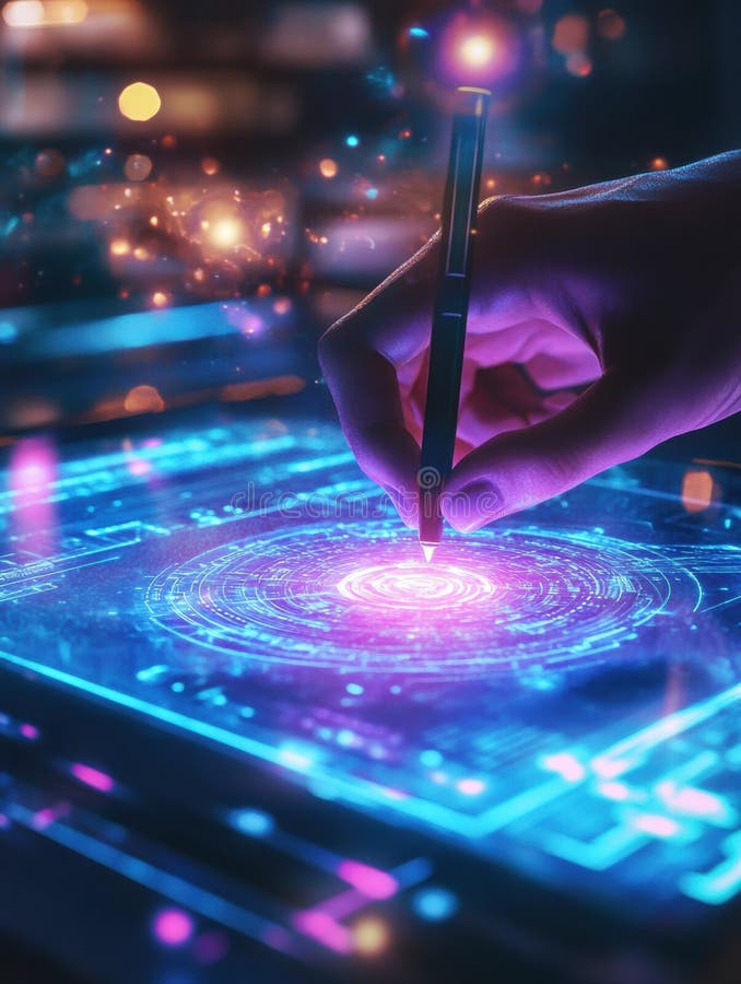 Digital Artist Creating Vibrant Designs on a Futuristic Touchscreen ...