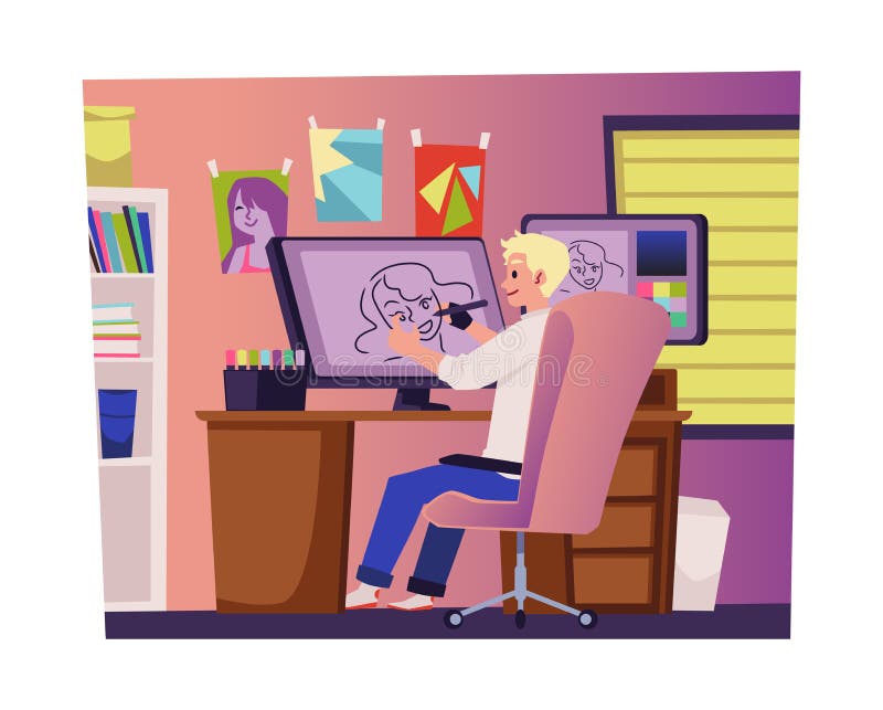 Digital Artist Draws an Illustration in Computer App Flat Vector ...