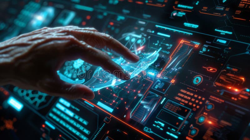 A Digital Artists Hand Interacting with a Futuristic Touchscreen ...