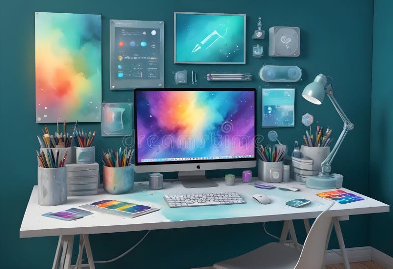 A Digital Artist S Workspace Featuring a Desktop Computer, Art Supplies ...