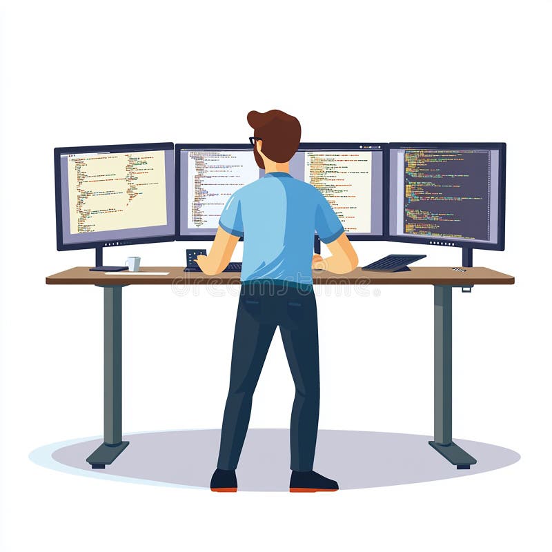 High-quality Illustration of a Programmer Working at a Multi-monitor Setup. Generative AI Stock ...