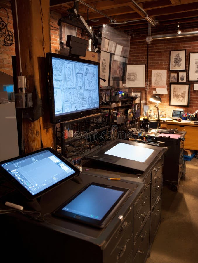 Digital Artist Studio Filled with Tablets and Screens Showcasing ...