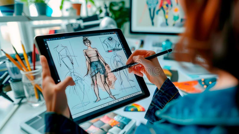 Digital Artist Using Tablet for Sketching in Modern Creative Studio ...