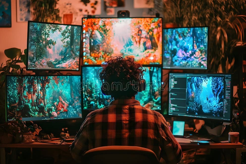 Digital Artist Working on 3D Animation Software in a Colorful ...