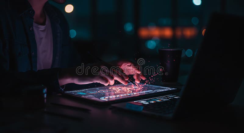Digital Artist Working Late into the Night with Glowing Interface ...