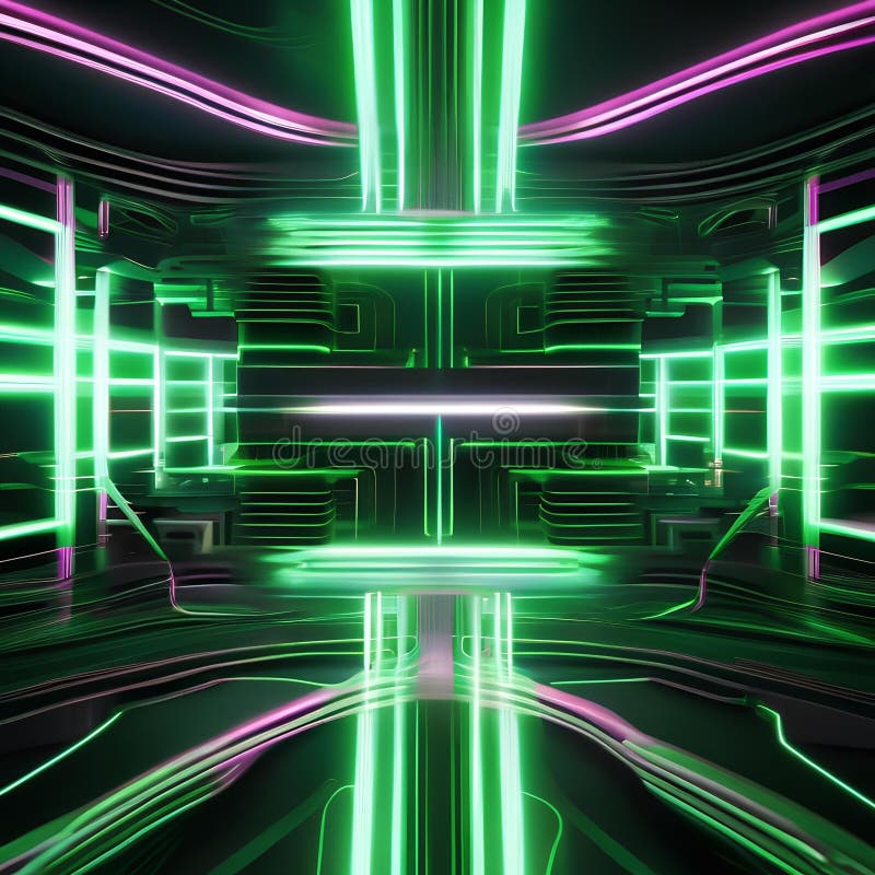 Digital Artwork with Abstract Green Neon Lines, Pulsating and Creating a Visually Striking 3D ...