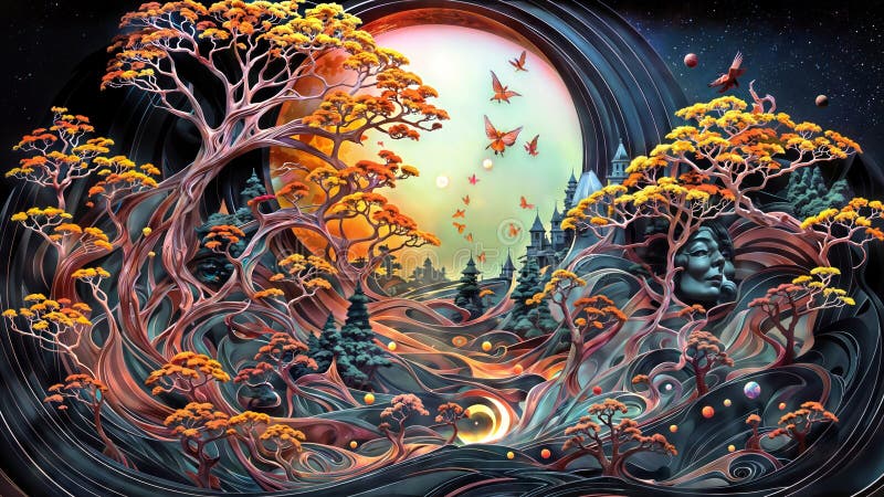 Digital Artwork with an Abstract Landscape, Featuring Trees, a Castle ...