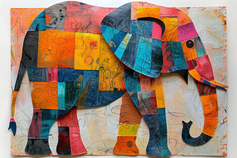 Digital Artwork of Abstract Multicolor Collage Elephant Card with ...