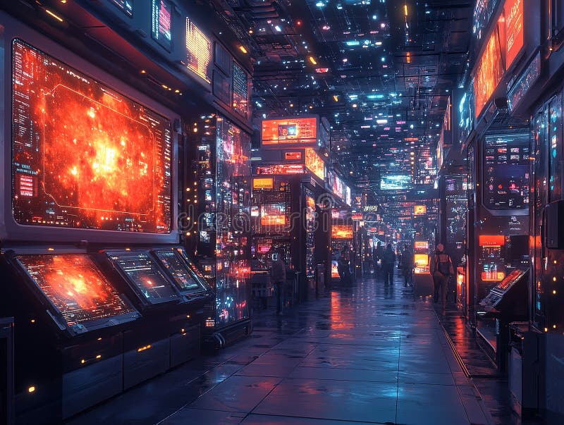 Digital Artwork of an Advanced Control Room, Predominantly Red and Blue ...