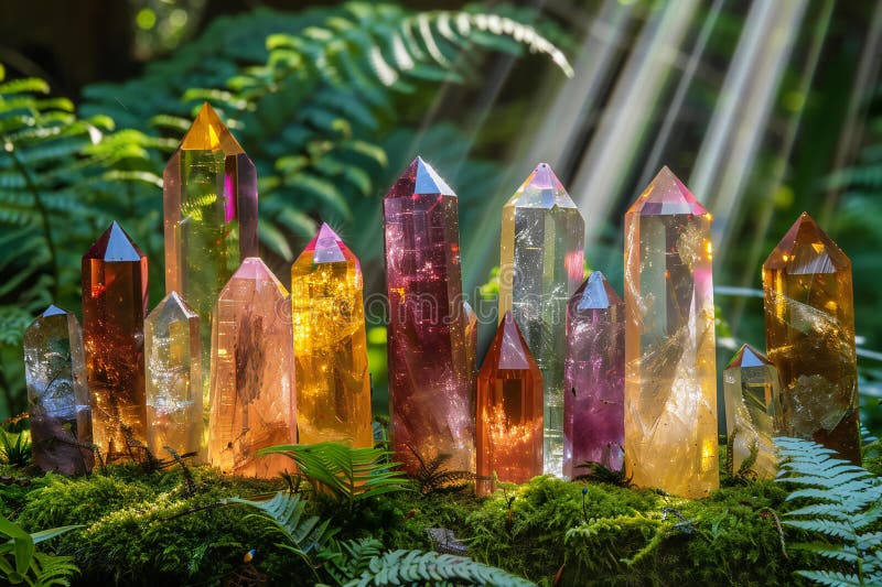Digital Artwork of Array of Colorful Crystal Points Standing on Moss in ...