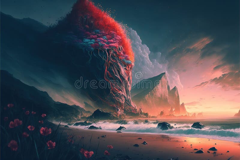 Digital Artwork of Beautiful and Surreal Mountain Range Landscape Stock ...