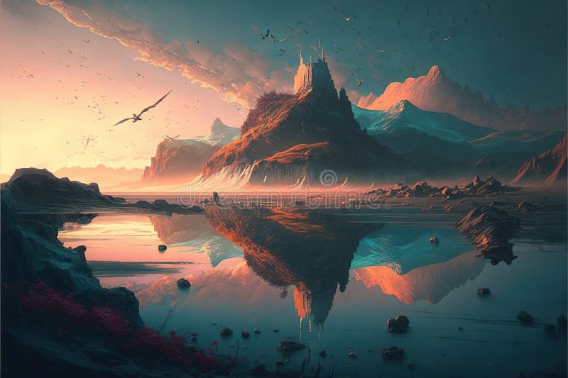 Digital Artwork of Beautiful and Surreal Mountain Range Landscape Stock ...