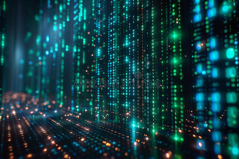 Digital Artwork of Black Background with Blue and Green Vertical Binary Code, Creating an ...