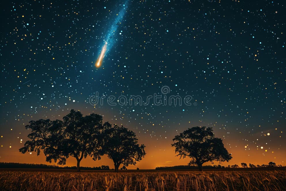 Digital Artwork of Bright Comet in the Night Sky Over an Open Field ...