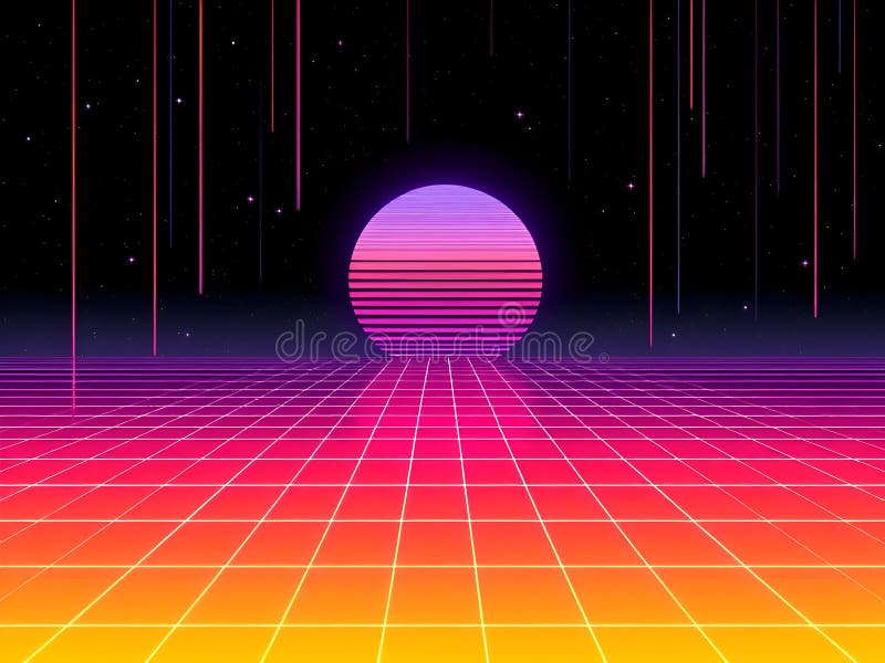 Retro Futuristic Synthwave Sunset with Grid and Stars Stock ...