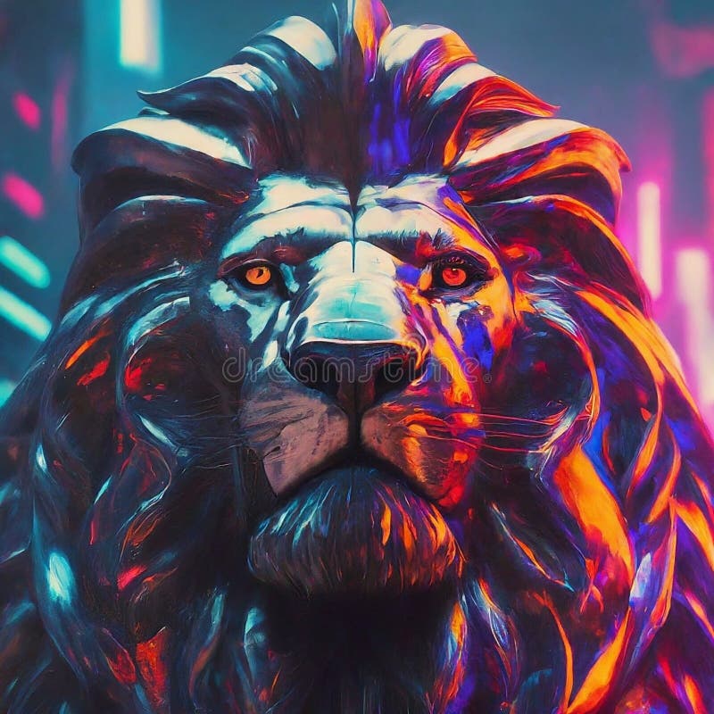 Colorful Lion Statue with Neon Lights Stock Illustration - Illustration ...