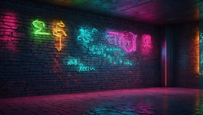 Digital Artwork of a Colorful Room with Abstract Neon Writing on Brick ...