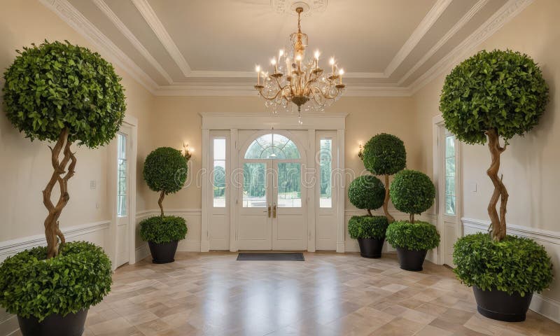 Foyer with Potted Trees and Chandels Stock Illustration - Illustration ...