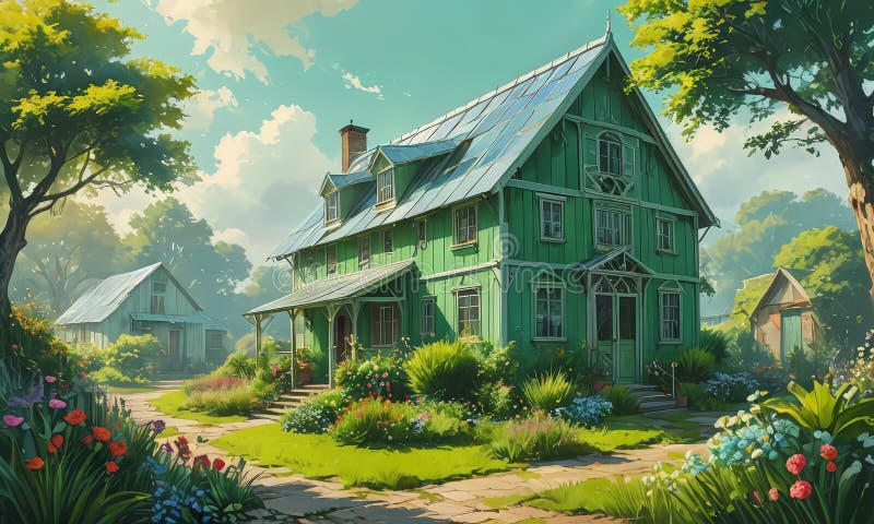 Green House Surrounded by Trees and Flowers Stock Illustration ...