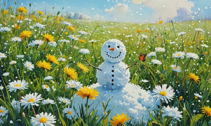 Snowman in field daies stock illustration. Illustration of daisy ...