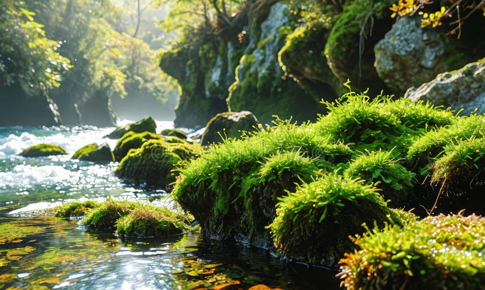 Stream with Moss Growing on the Rocks Stock Illustration - Illustration ...