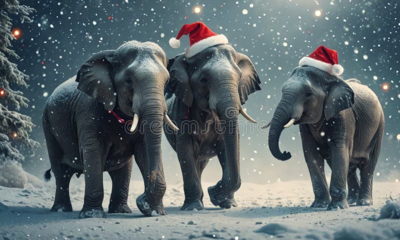Two Elephants in Santa Hats Walking through the Snow Stock Illustration ...