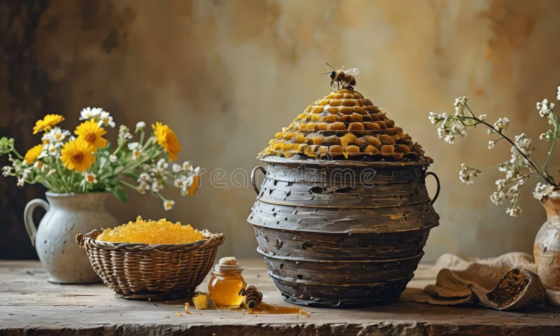 Vase Flowers and Bee Hive on Table Stock Illustration - Illustration of ...