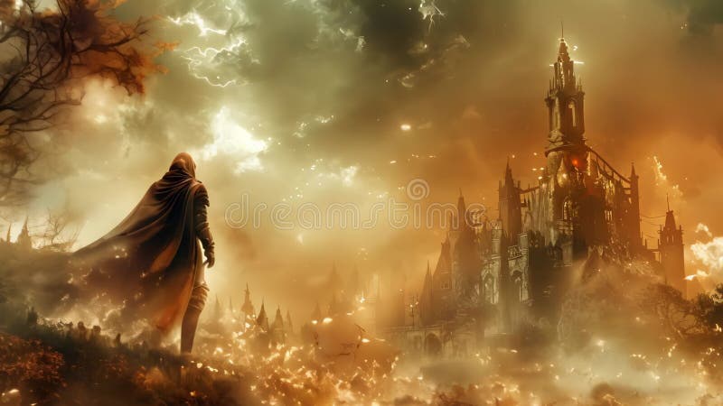 Digital Artwork of a Dark Warrior in a Spooky Castle with Destruction ...