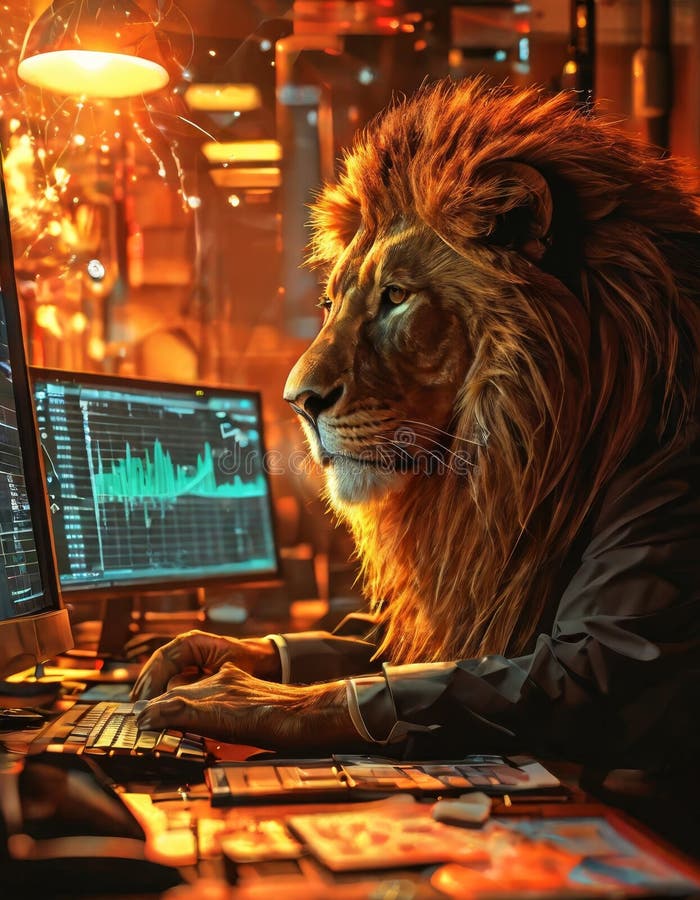 Anthropomorphic Lion Working on Computer in Digital Office Stock Image ...