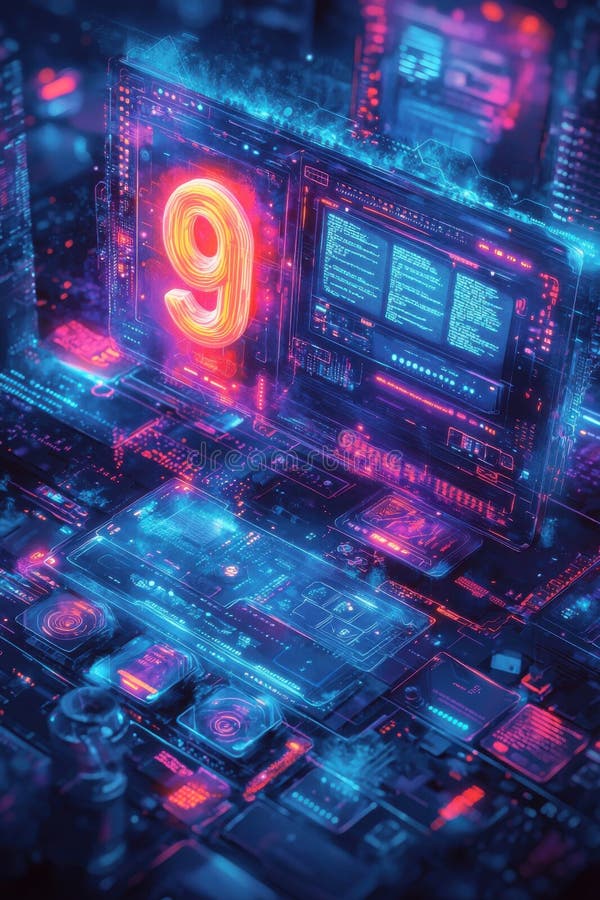 Futuristic Digital Screen Interface with Neon Glowing Number and ...