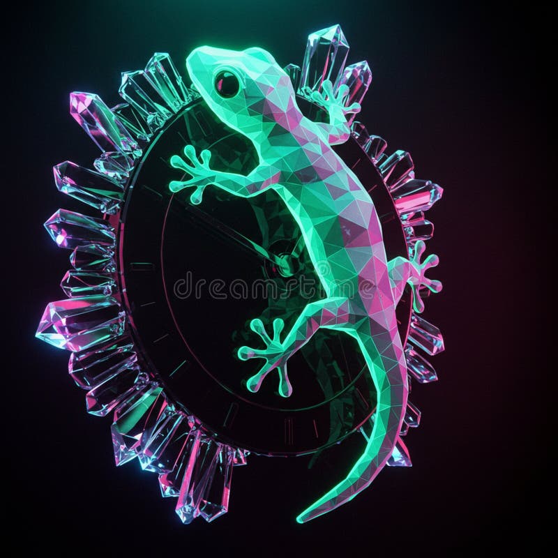 A Digital Artwork Depicting a Polygonal, Neon-colored Gecko Positioned ...
