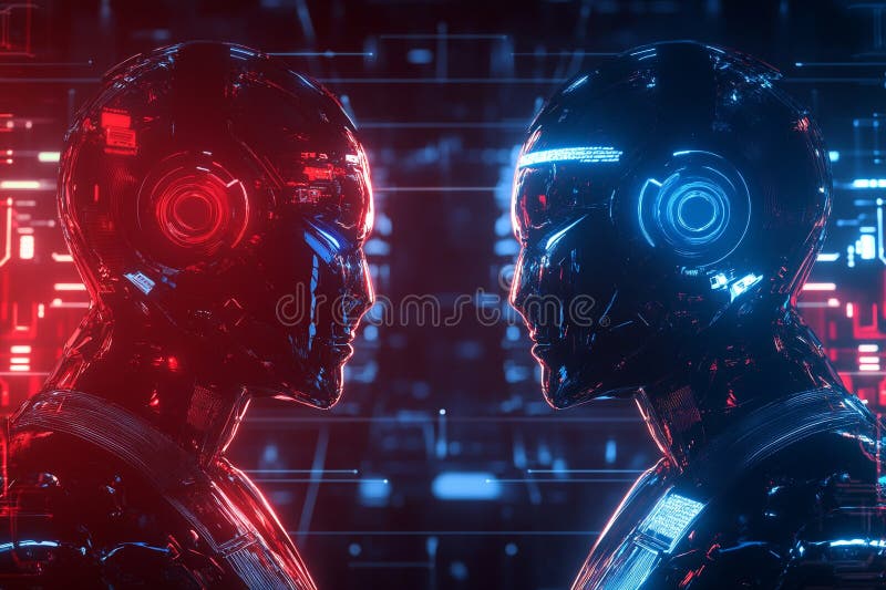 Two Futuristic Robots Face Off Red Versus Blue Intense Digital Battle ...