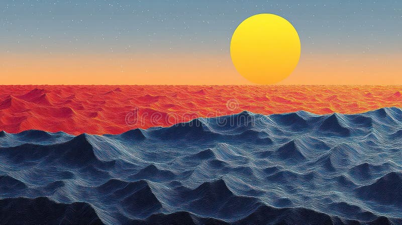 A Digital Artwork Depicting a Vibrant Sunset Over Stylized Ocean Waves ...