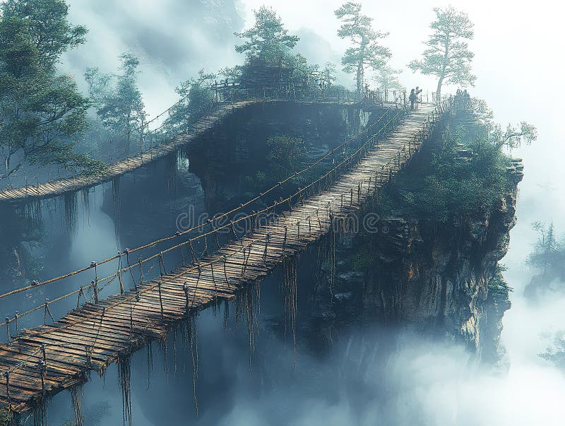 A Digital Artwork Depicts an Ancient Rope Bridge, Spanning a Deep Chasm ...