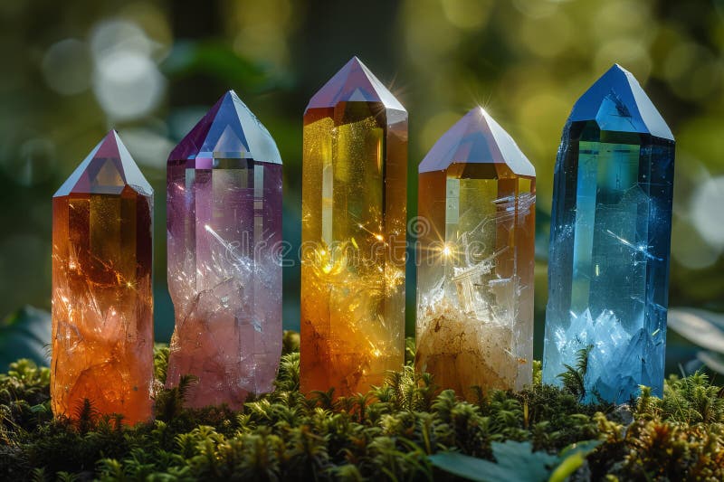 Digital Artwork of Different Colored Crystals Standing on Moss in the ...