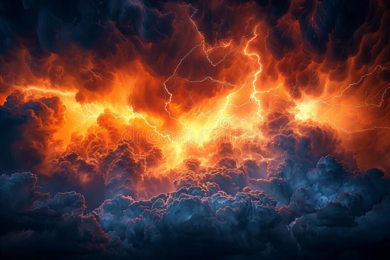 Digital Artwork of Dramatic Sky with Lightning and Dark Clouds, Orange ...