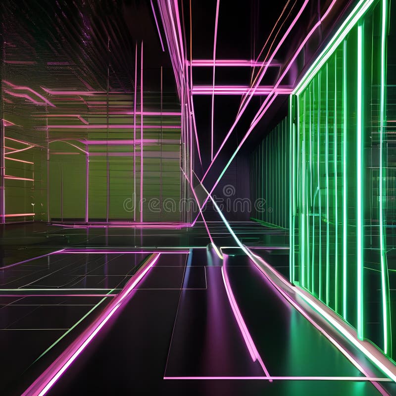 Digital Artwork with Dynamic Green Neon Lines Creating a Visually Striking 3D Composition on a ...